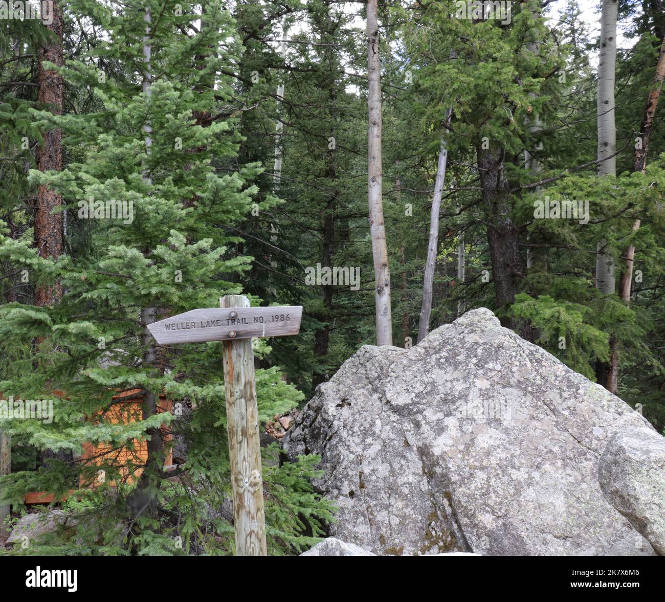 Wood Weller Lake Trail sign next to a large boulder in a forest filled ...
