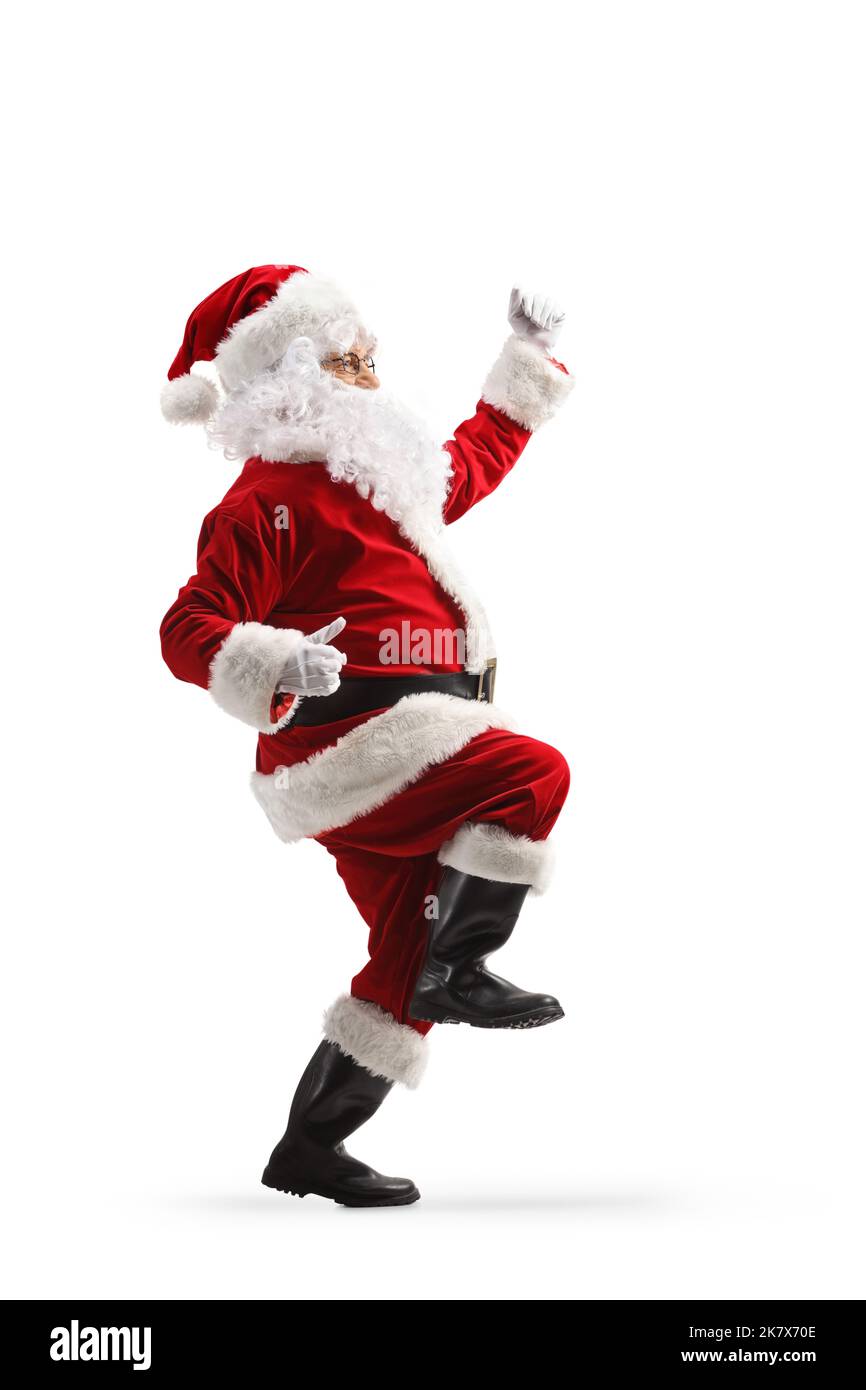 Full length profile shot of happy Santa Claus standing dancing isolated ...