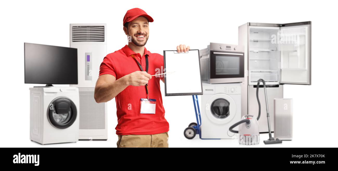 Sales manager showing a paper document in front of electrical home ...