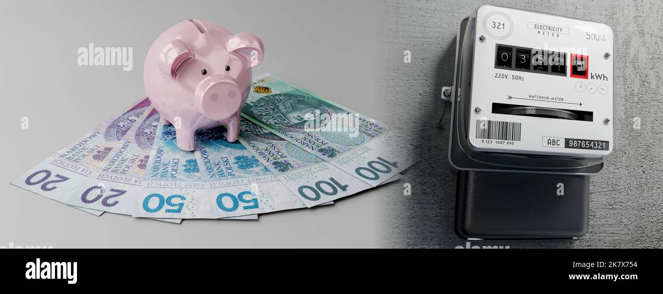 Electricity meter, piggy bank and 20, 50, 100 PLN bills - 3D ...