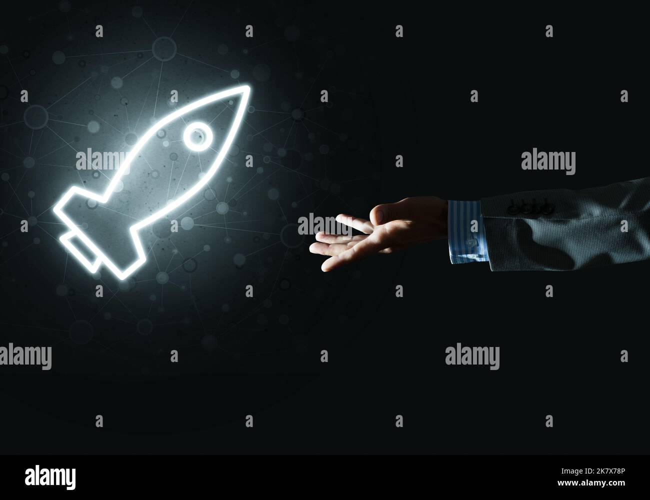 Man palm presenting Rocket web icon as technology concept Stock Photo ...