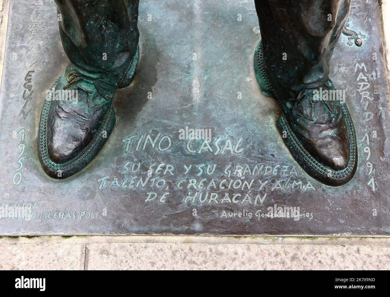 Bronze base of a sculpture of pop singer and composer Tino Casal who ...