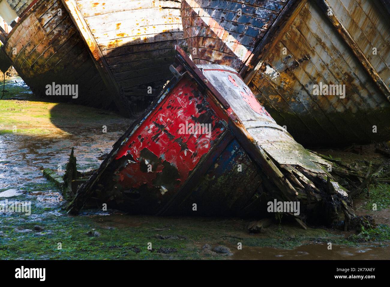 Rotting wooden sailing vessels at Pin Mill on the river Orwell, Surrey ...