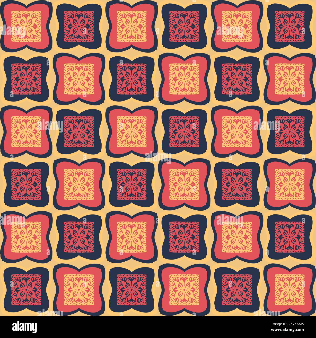 Hand drawn retro block print seamless pattern. Vector 80s vintage ...