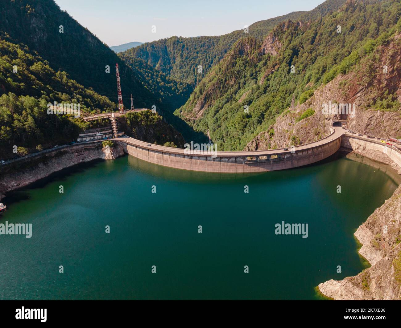 Aerial photography of Vidraru dam, in Romania. Photography was shot ...