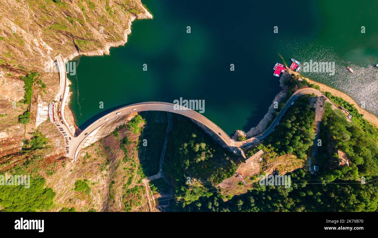 Aerial photography of Vidraru dam, in Romania. Photography was shot ...
