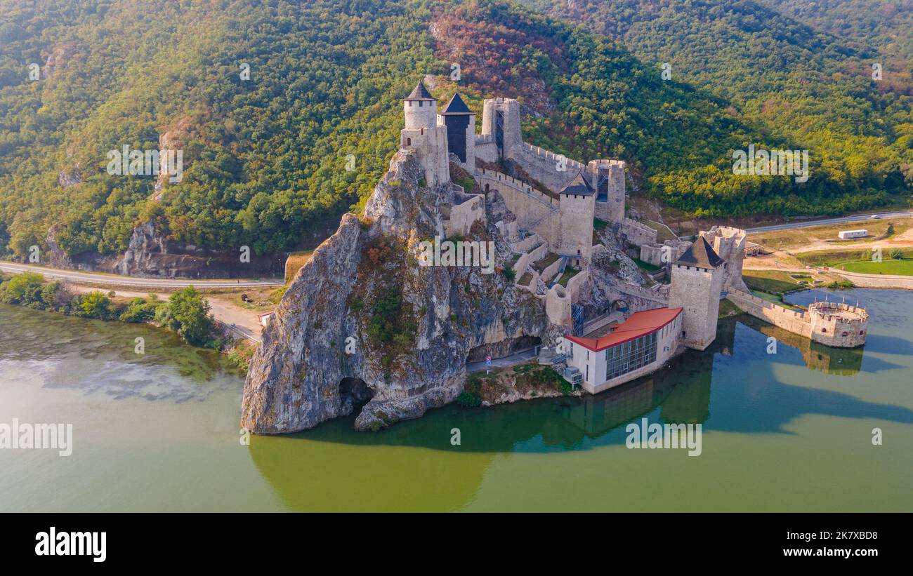 Aerial photography of Golubac fortress located on the Serbian side of ...