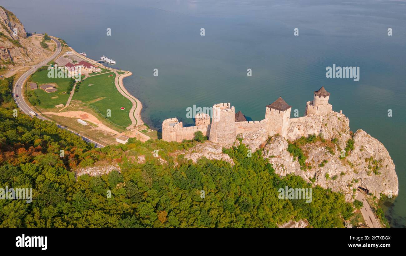Aerial photography of Golubac fortress located on the Serbian side of ...