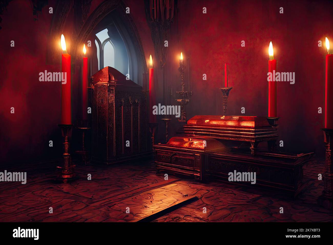 interior of Dracula castle, victorian furnitures and coffin illuminated ...