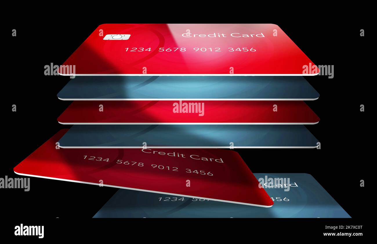 Generic credit cards or debit cards are seen in a 3-d illustration ...