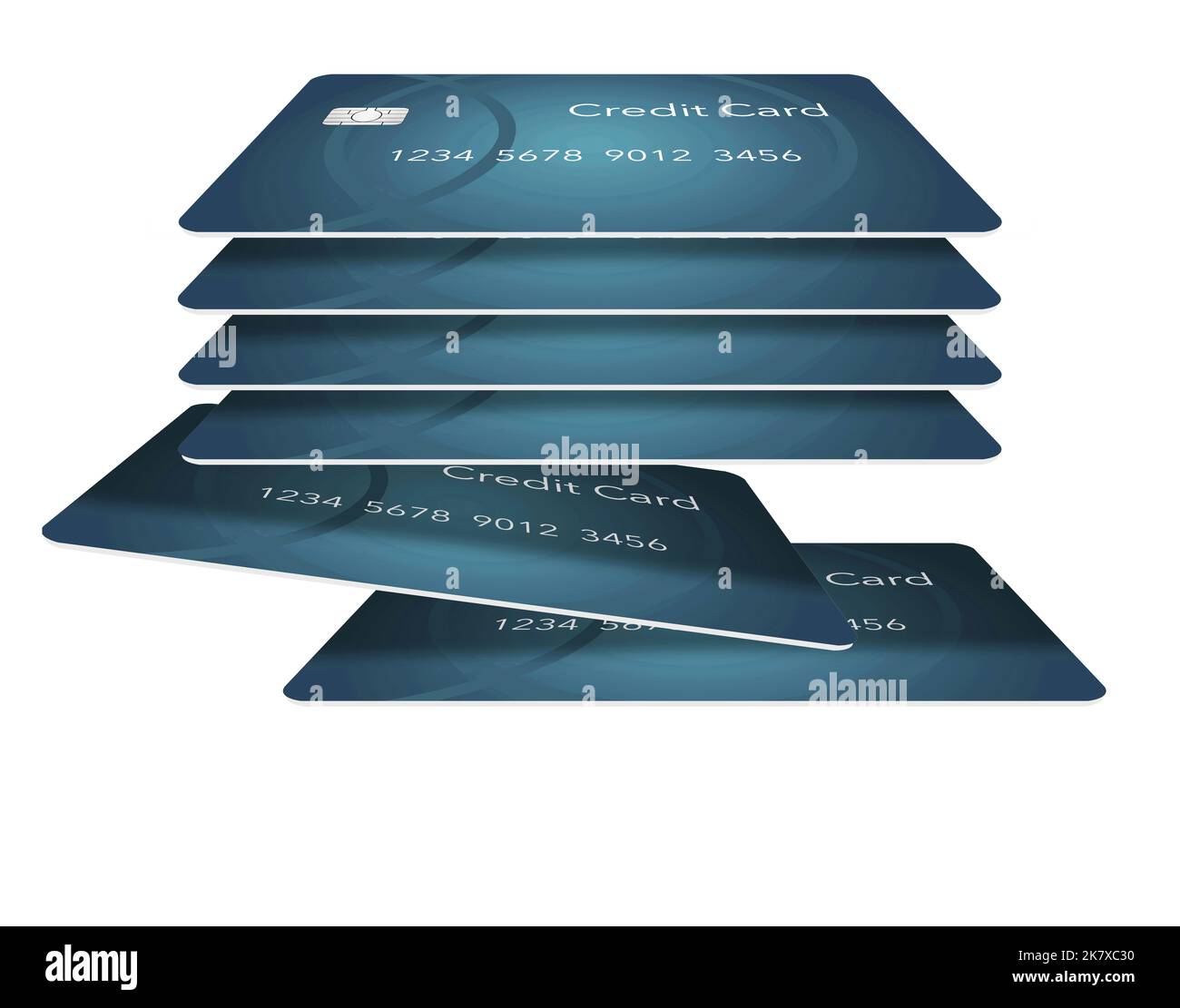 Generic credit cards or debit cards are seen in a 3-d illustration ...