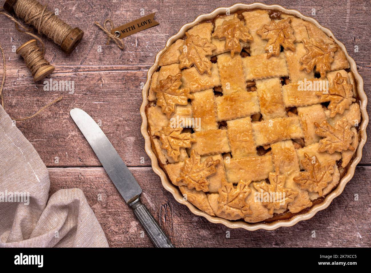 Macro food photography of apple pie, pastry, dessert, knife, towel ...