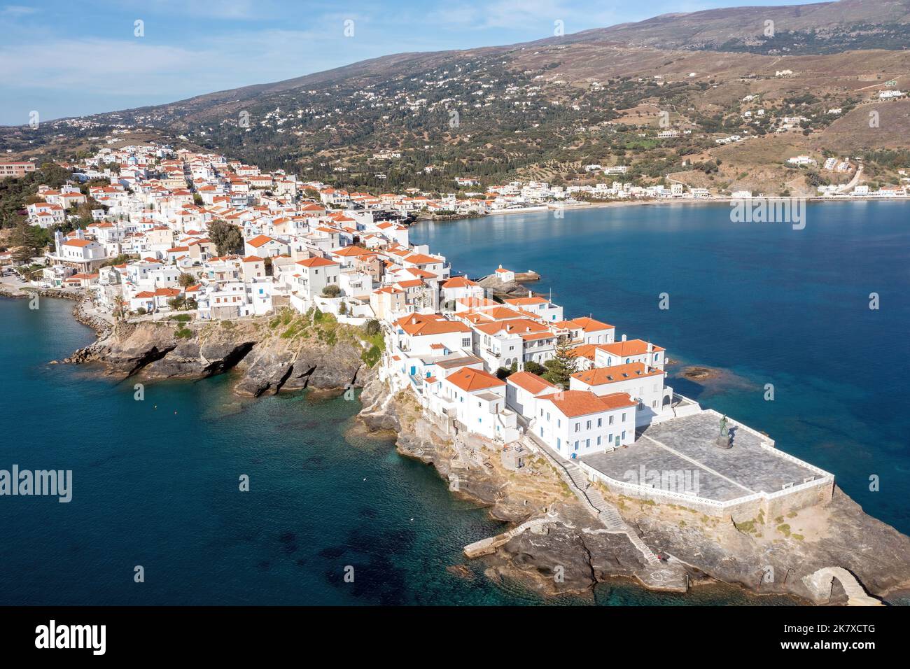 Greece. Andros Island, Chora town aerial drone view. Traditional tiled ...