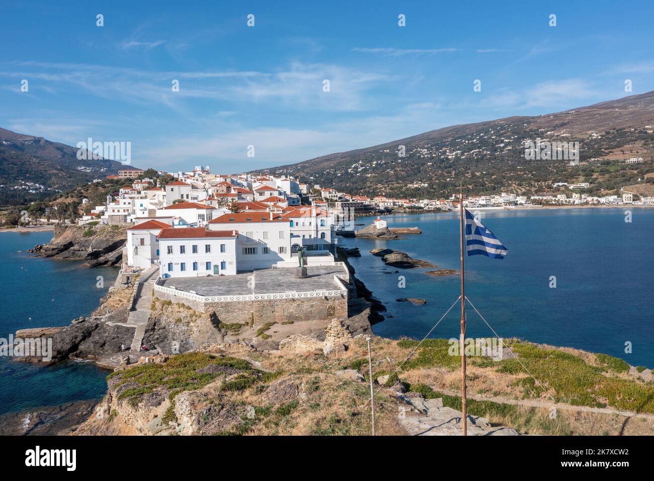 Andros Island, Greece. Traditional tiled roof buildings on cape and the ...