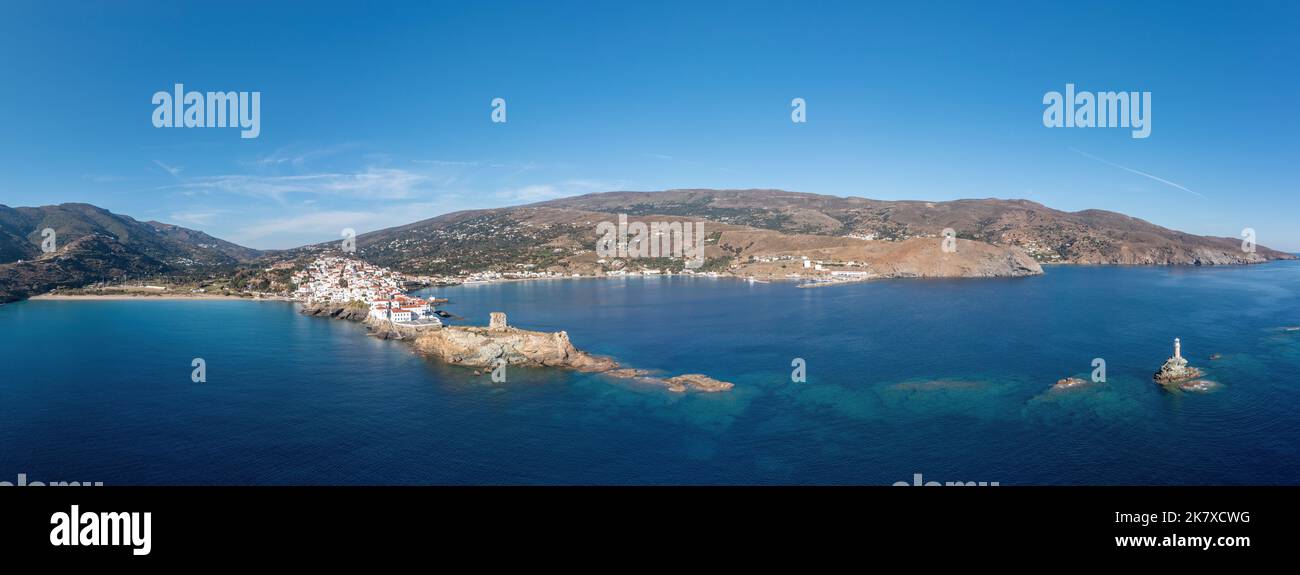 Andros Island, Greece. Chora town aerial panoramic view. Traditional ...