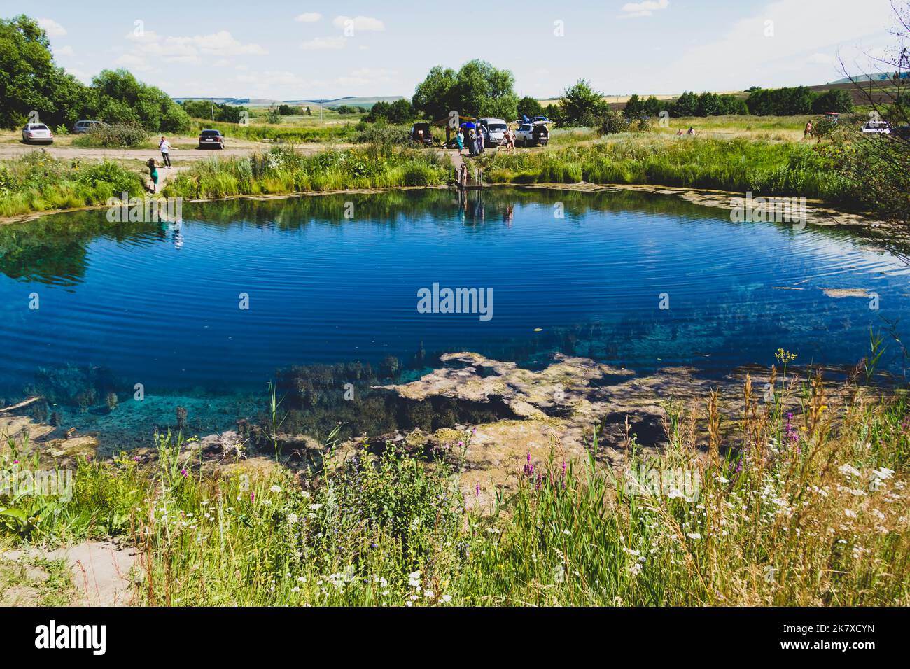 Lake with gray water. Blue lake in Samara region in Russia. Deep pond ...