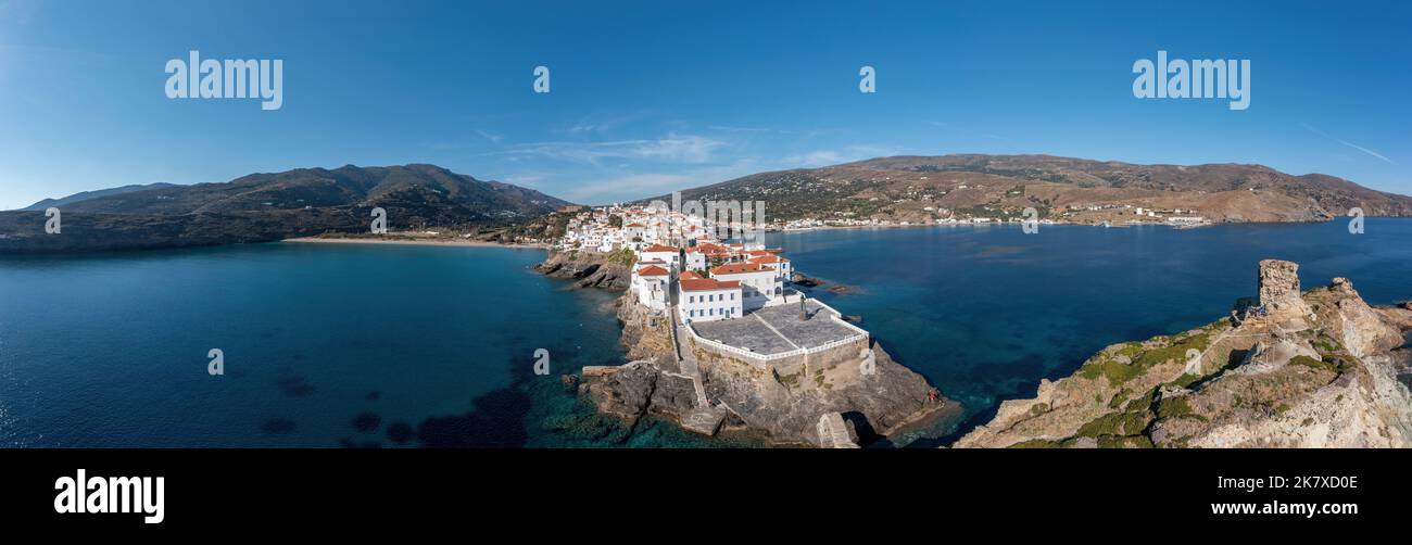Andros Island, Greece. Chora town aerial panoramic view. Traditional ...