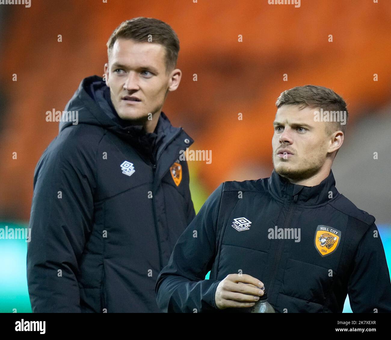 Regan Slater #27 and Sean McLoughlin of Hull City inspect the pitch ...