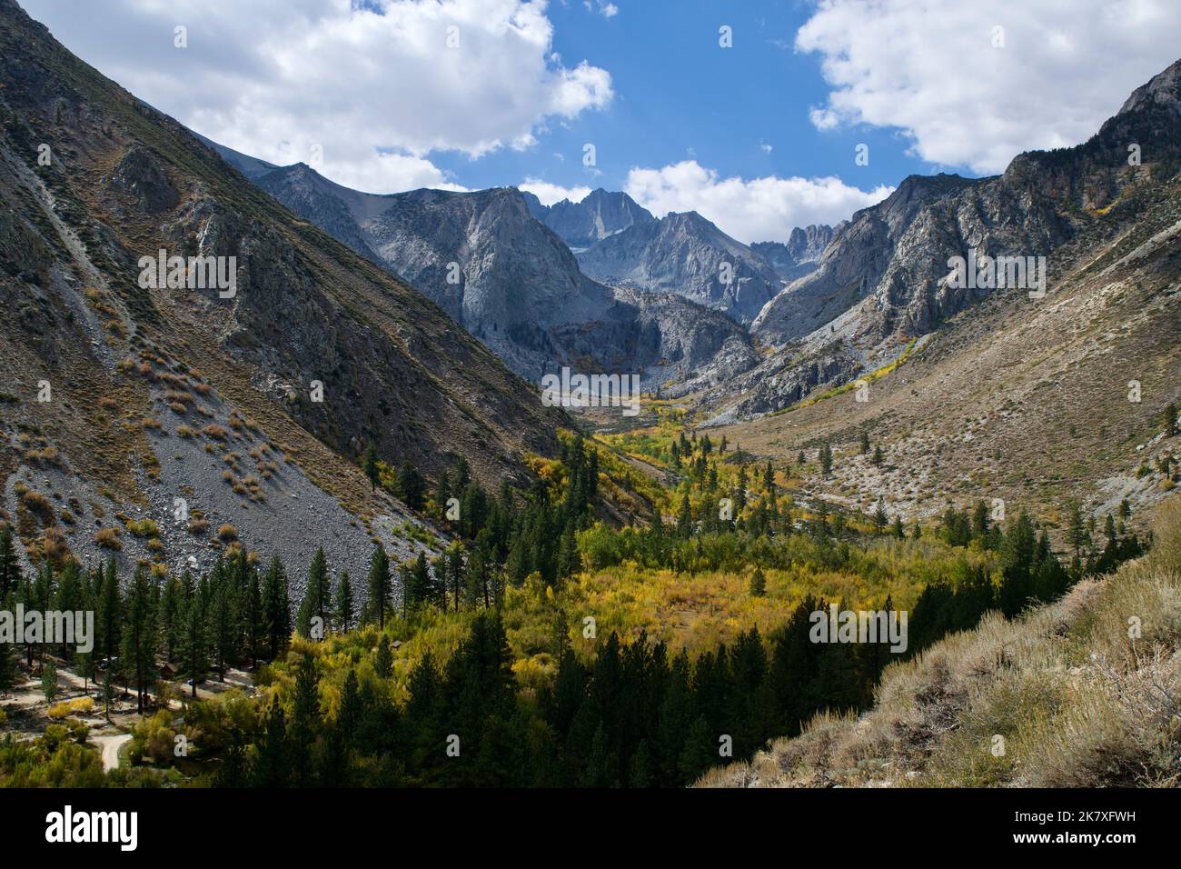 Wide view of mountain peaks under a blue clouded sky with a meadow ...
