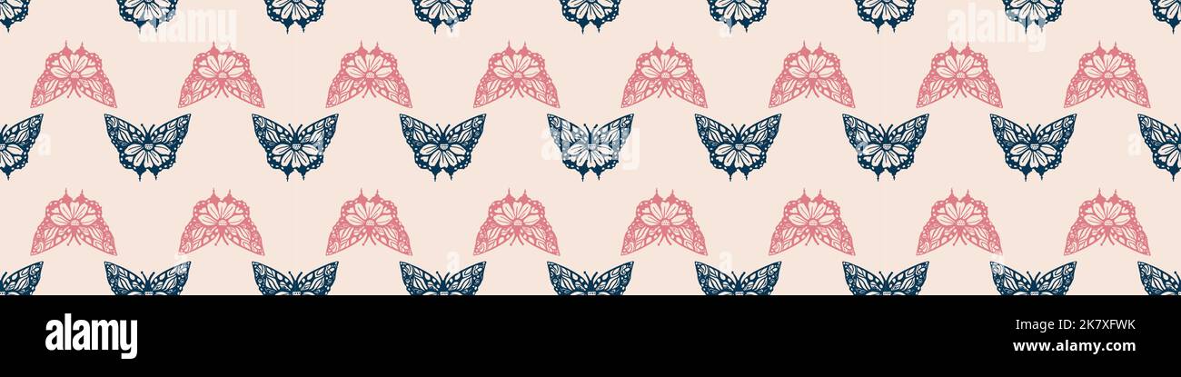Retro butterfly seamless border. 70s style ecological insect garden ...