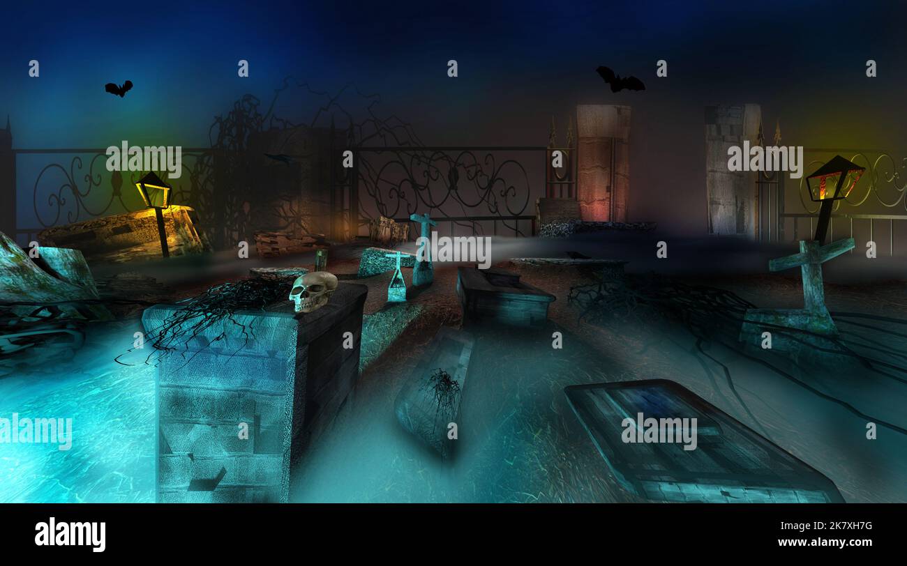 Halloween background. Horror night scene at cemetery Stock Photo - Alamy