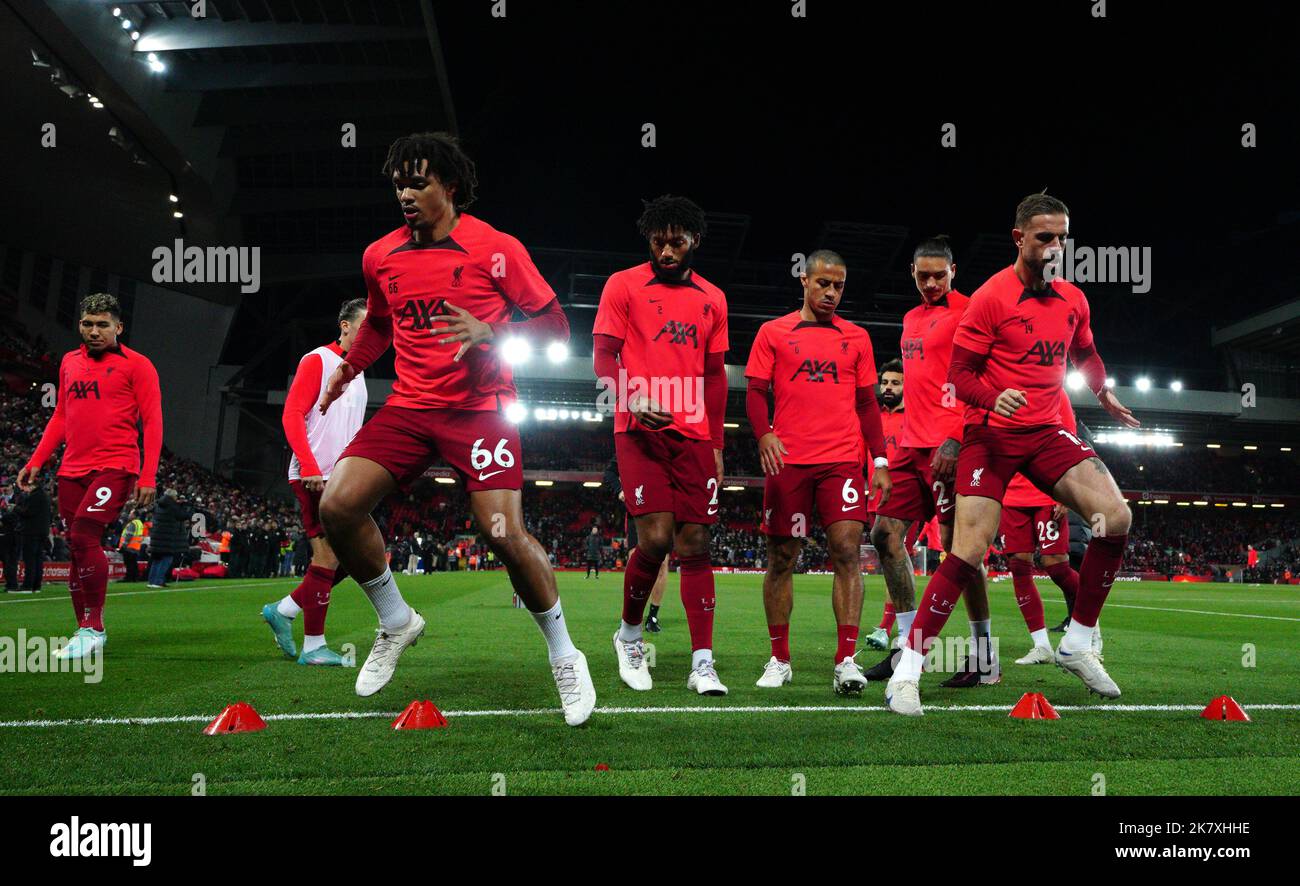 Liverpool warm up prior to the Premier League match at Anfield ...