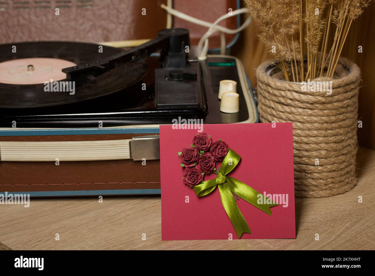 Vintage vinyl record player. Homemade greeting card. With decorative ...