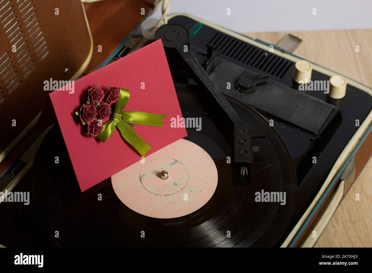 Vintage vinyl record player. Homemade greeting card. With decorative ...