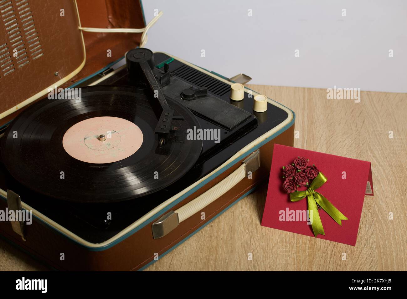 Vintage vinyl record player. Homemade greeting card. With decorative ...