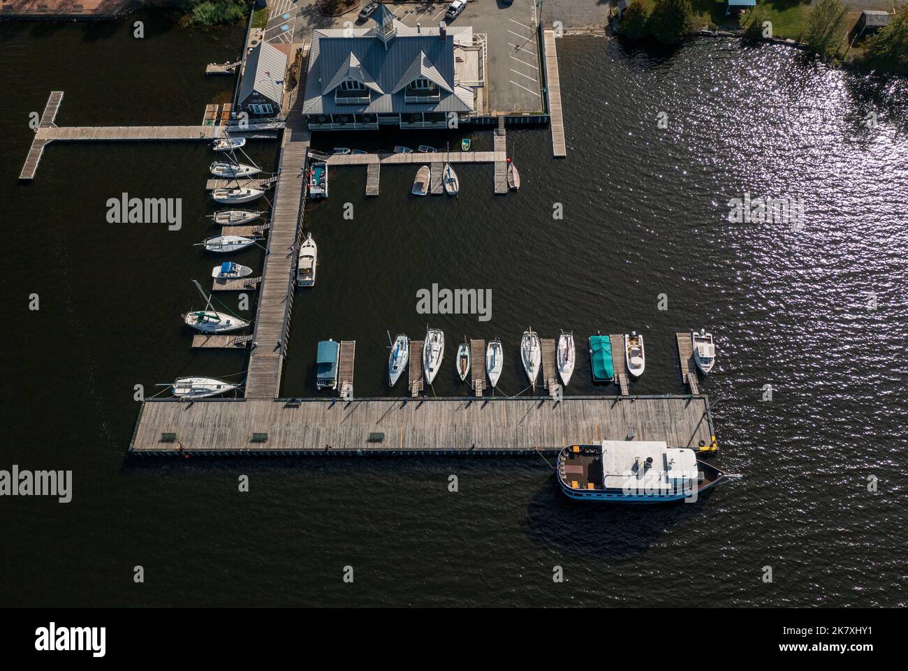 Aerial view of the port and harbor of Newport in Vermont from above the ...