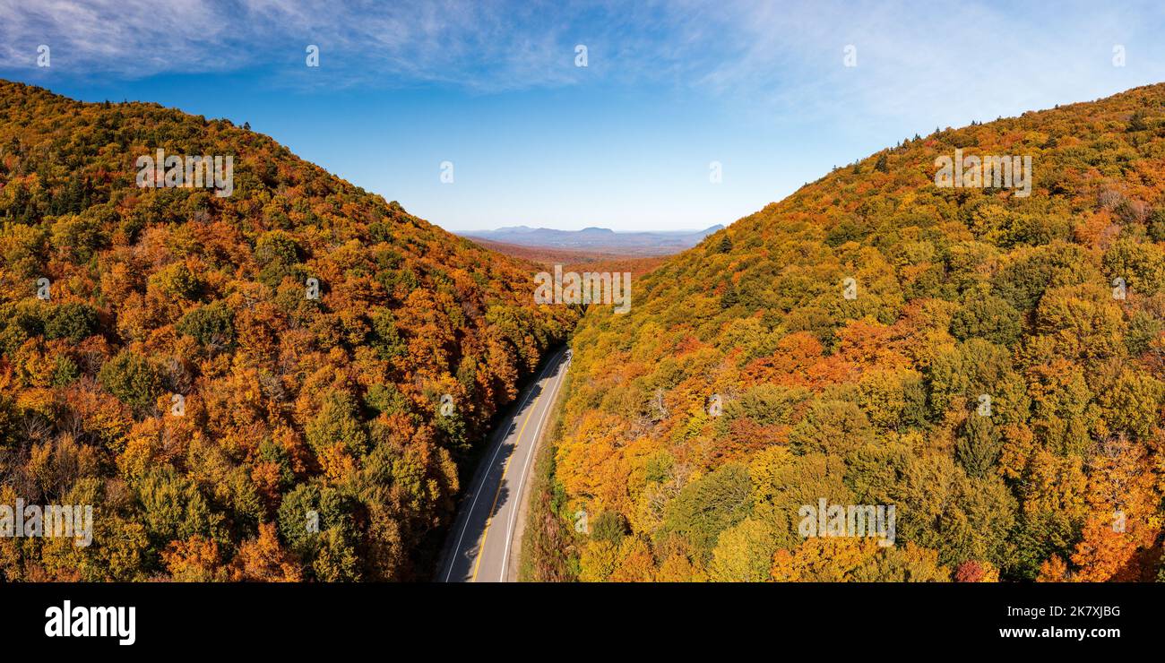 Aerial view of Jay Peak and trailhead on route 242 in Vermont during ...