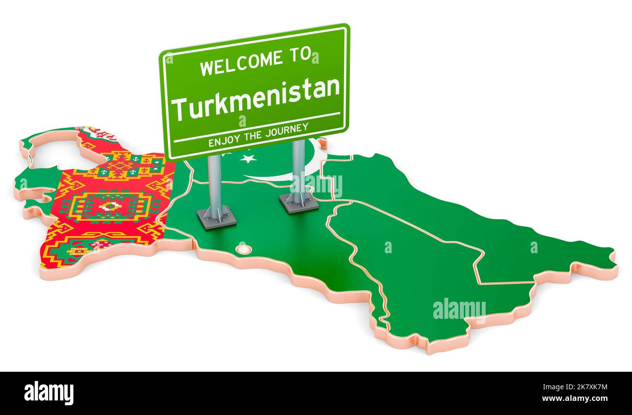 Billboard Welcome to Turkmenistan on Turkmen map, 3D rendering isolated ...
