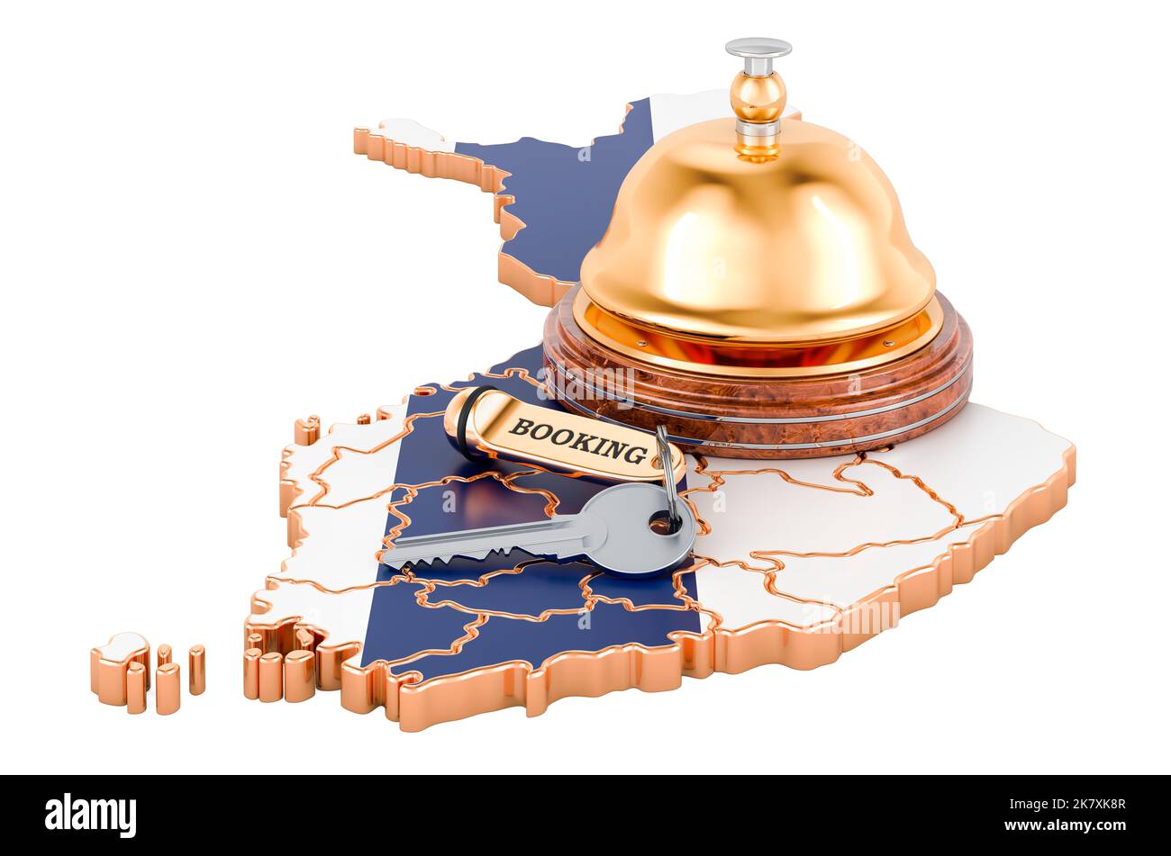 Finland booking concept. Finnish flag with hotel key and reception bell ...