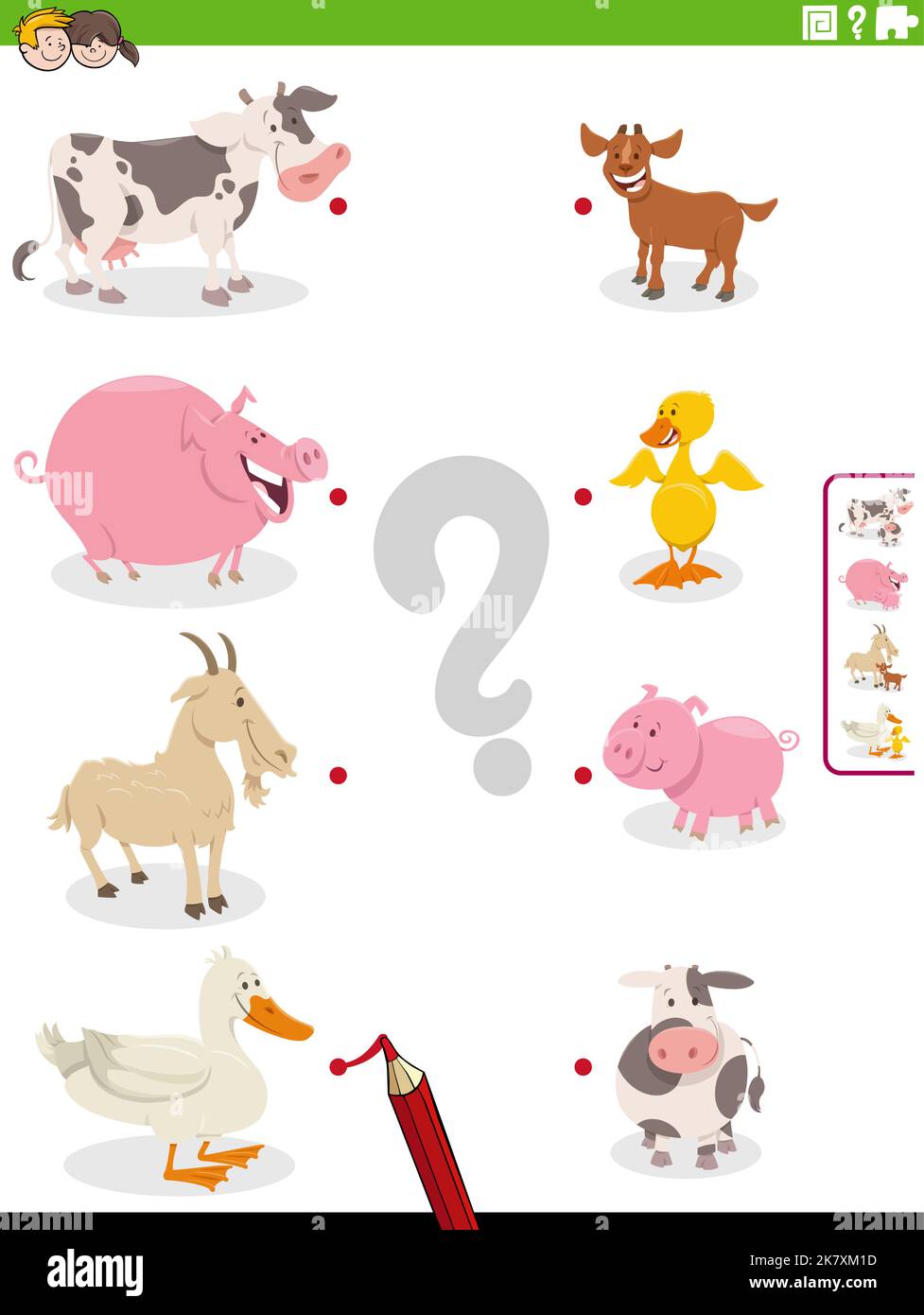 Cartoon illustration of educational matching game with farm animal ...