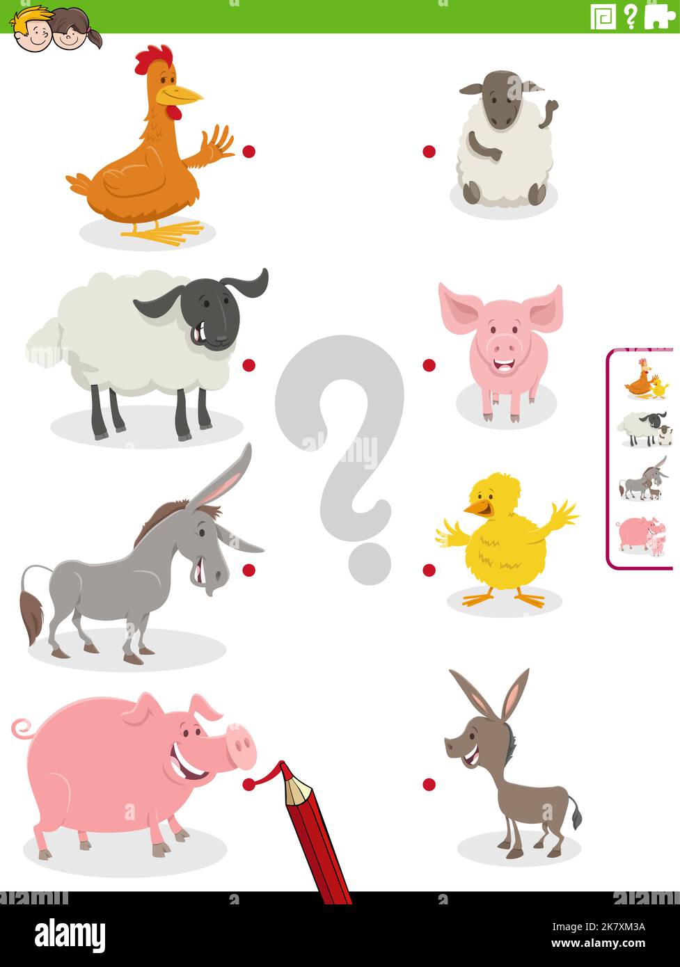 Cartoon illustration of educational matching task with farm animal ...
