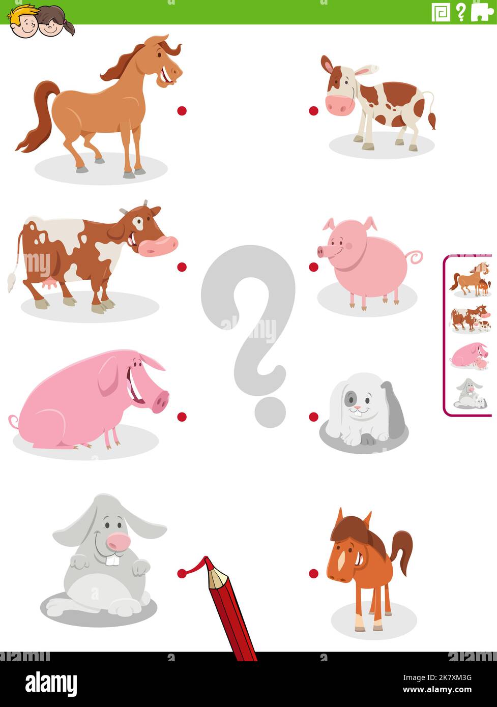 Cartoon illustration of educational matching activity with farm animal ...