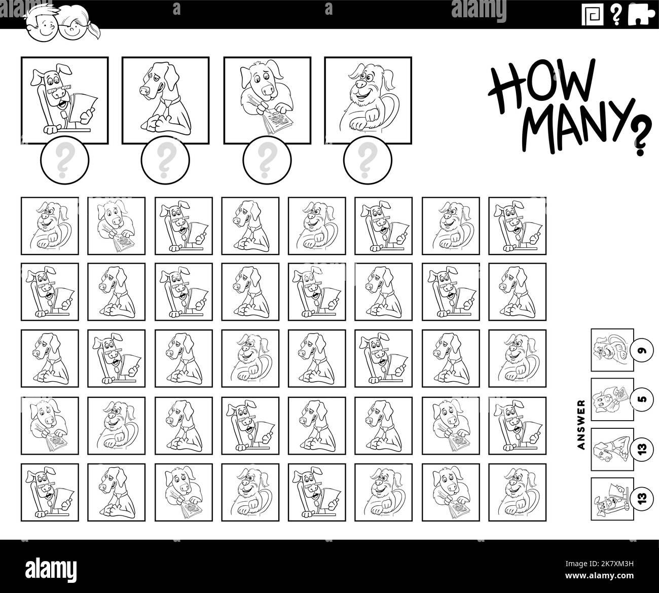 Black and white illustration of educational counting game with cartoon ...