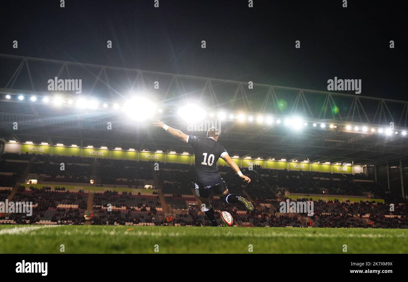 Newcastle Falcons' Tian Schoeman converts a try during the Premiership ...