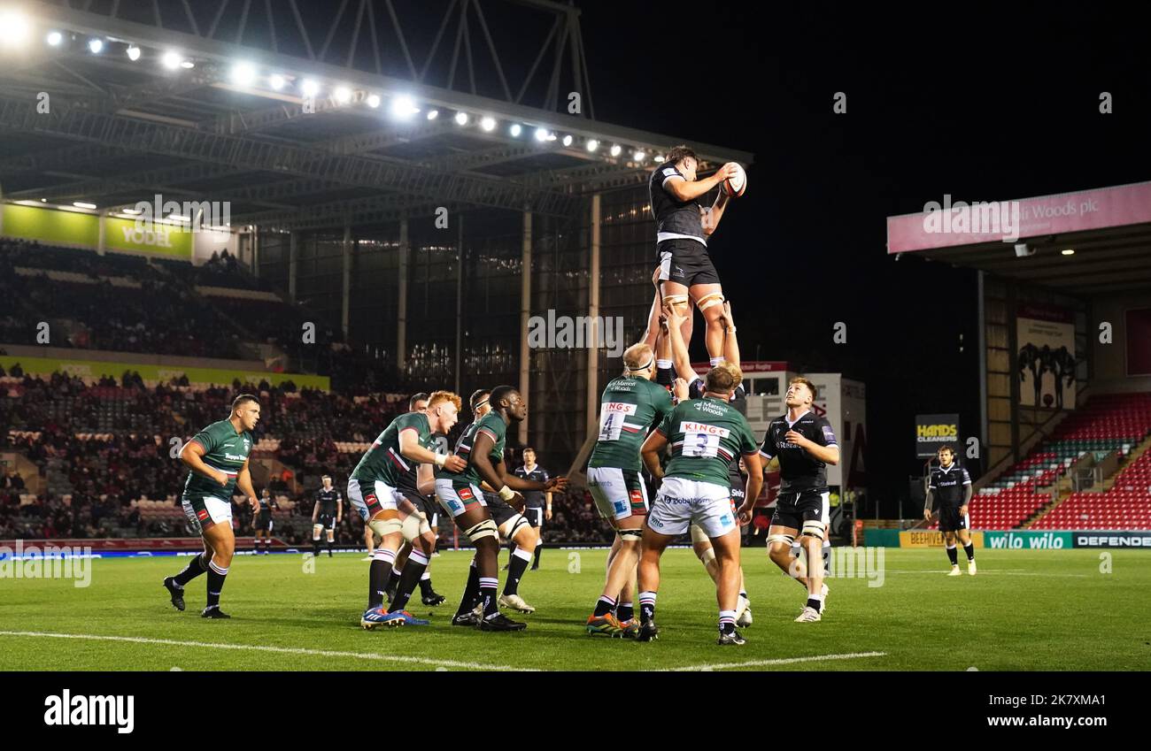 Newcastle Falcons' Matthew Dalton wins a lineout during the Premiership ...