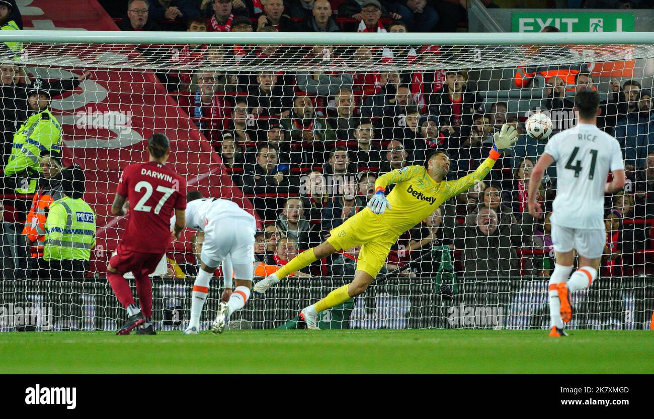 Liverpool's Darwin Nunez (left) scores their side's first goal of the ...
