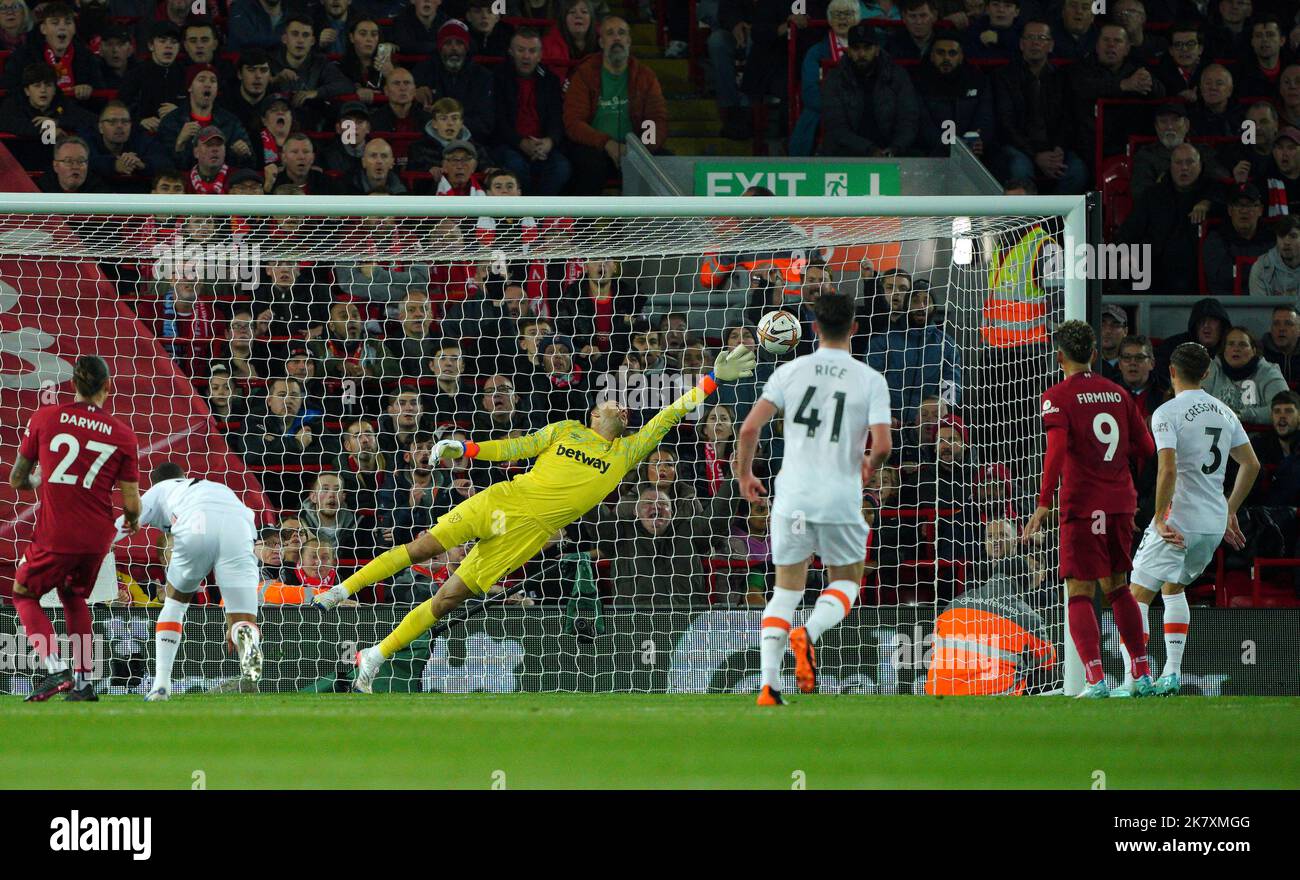 Liverpool's Darwin Nunez (left) scores their side's first goal of the ...