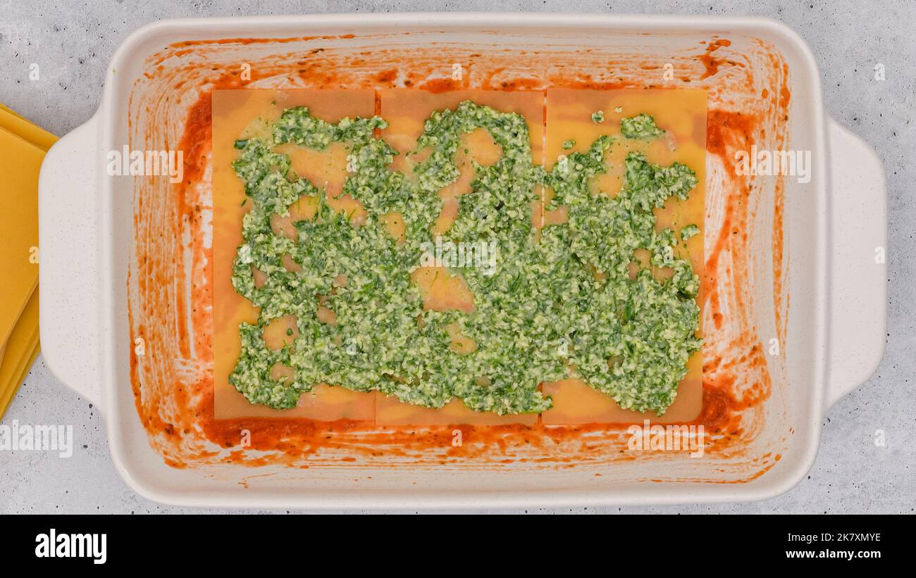 Assemble the lasagna. Spinach lasagna step by step recipe, flat lay ...