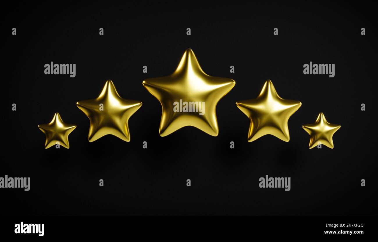 Five gold stars on dark background. Good rating. 3d rendering Stock ...
