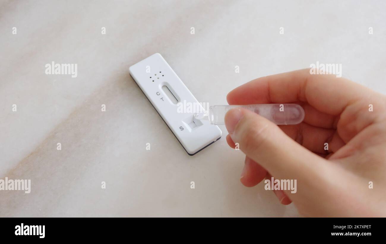 A hand dripping the specimen sample onto the self testing kit Stock ...