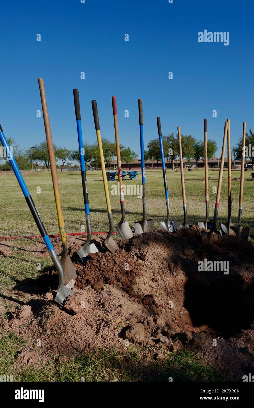 A group of shovels standing upright in a dirt pile and hole ready to ...