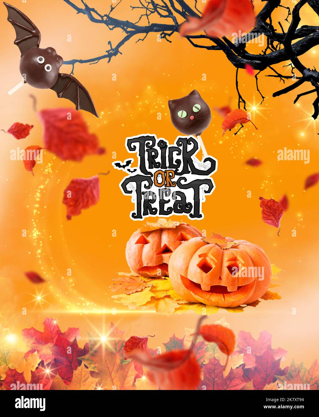 Halloween party background with pumpkins and autumn leaves Stock Photo ...