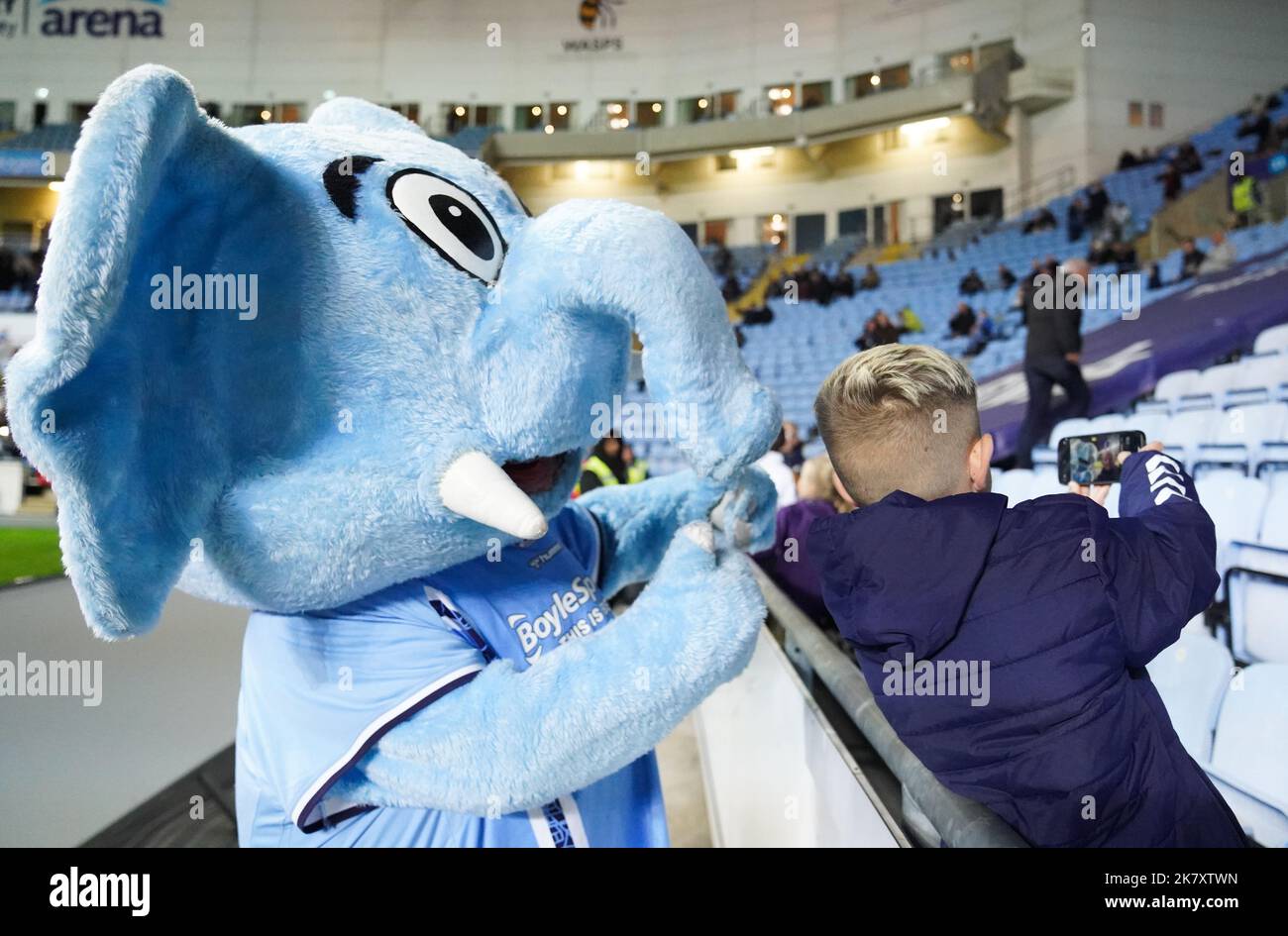Coventry City mascot Sky Blue Sam takes pictures with the fans ahead of ...