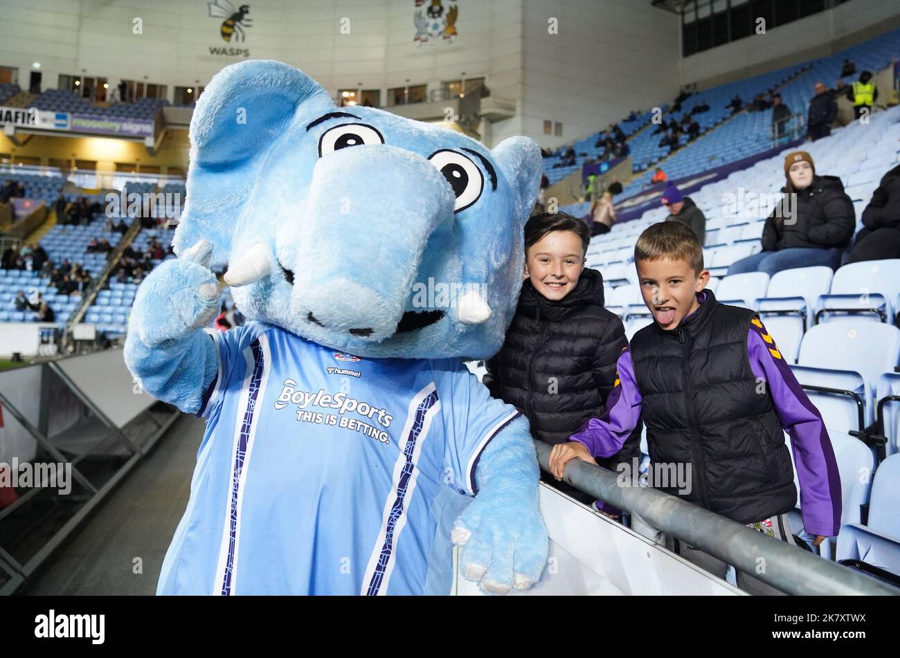 Coventry City mascot Sky Blue Sam takes pictures with the fans ahead of ...