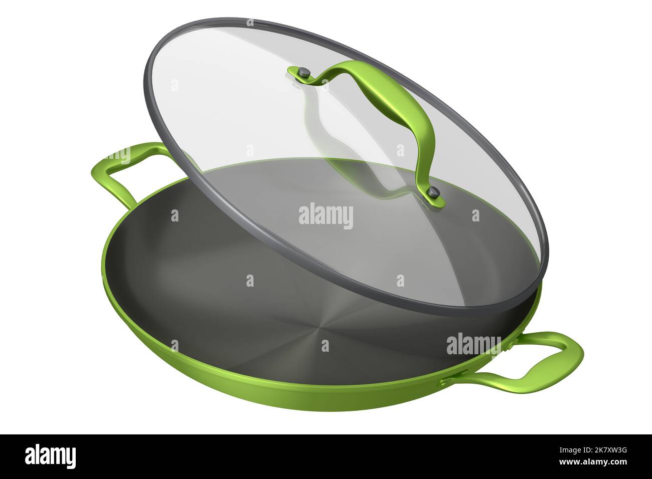Frying pan or wok with glass lid on white background. 3d render of non ...