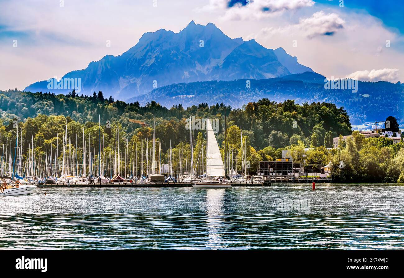 Colorful Swimmer Motorboat Lake Lucerne Mount Pilatus Sailboats Boats ...